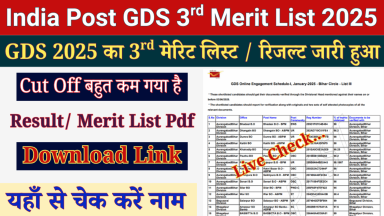 India Post GDS 3rd Merit List 2025 Released, Download State Wise Result Pdf