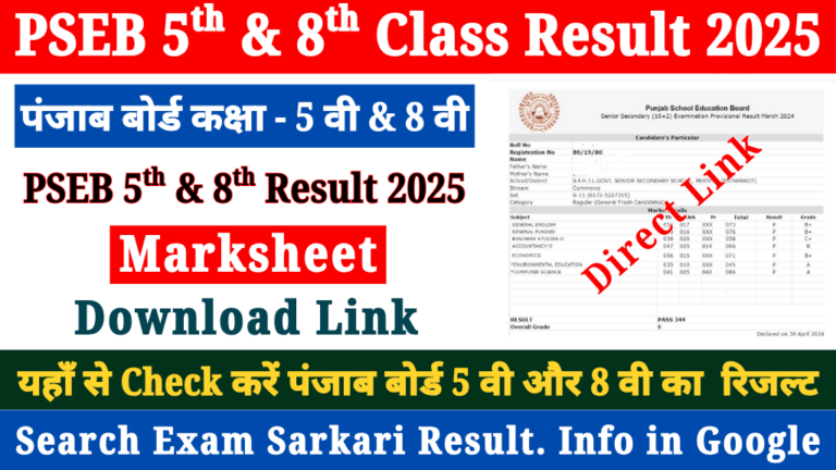 Punjab Board PSEB 5th 8th Class Result 2025, Download Marksheet at pseb.ac.in
