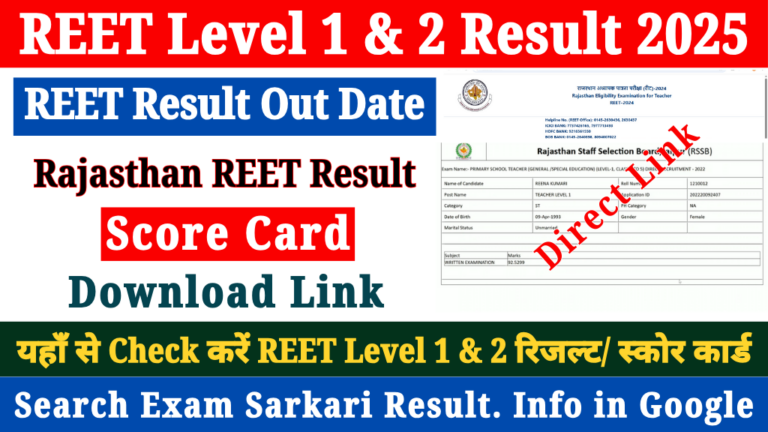 REET Result 2025 Out, Download Level 1 & Level 2 Score Card